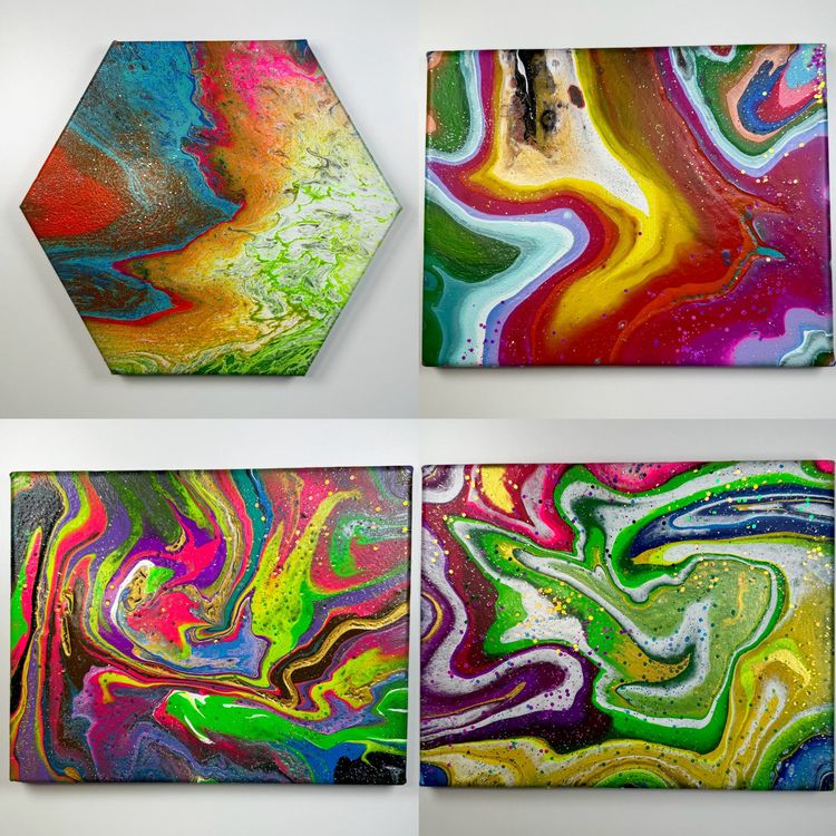 4 Acryl Fluid Painting Bilder Glitzer Unikat Kunst (Gebraucht) in Schlieren für CHF 25 – mit ...