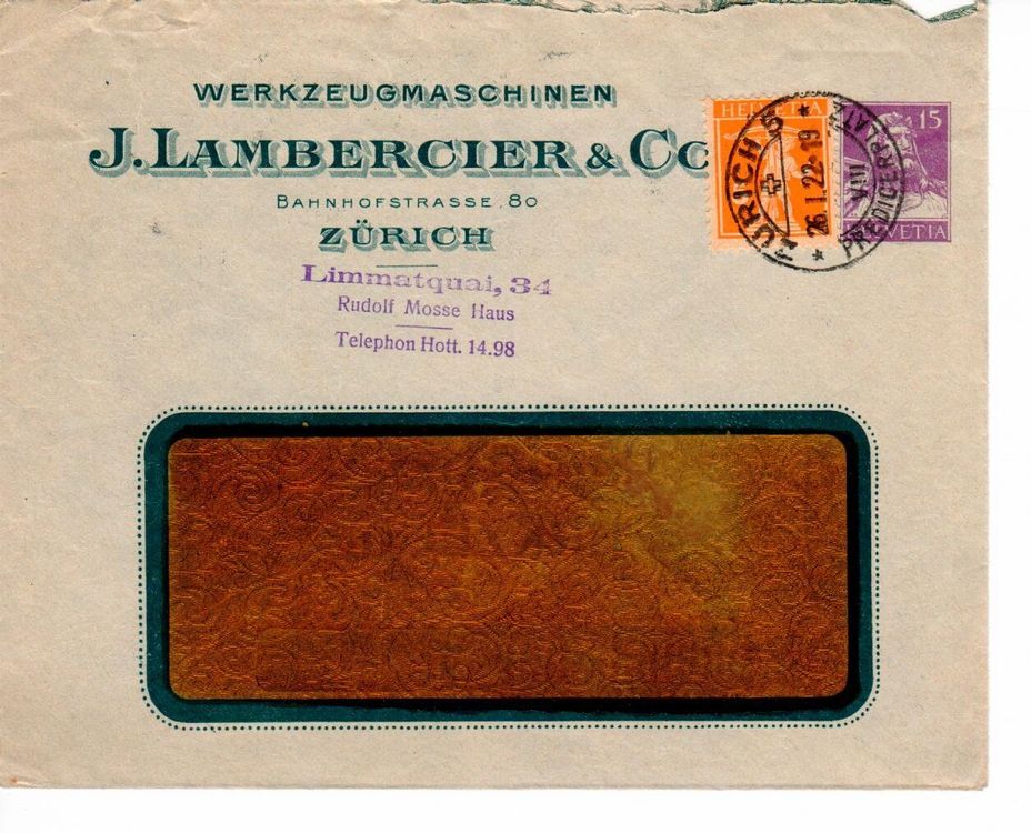Brief, J. Lambercier & Co Werkzeugmaschinen 1922 (Gebraucht) in ...