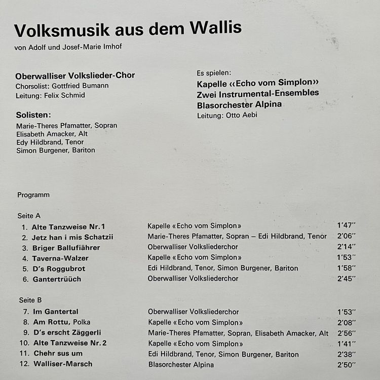 Aus Der Urheimat Der Walser 1 Adolf &Josef-Marie Imhof LP 🛀 (Neu ...