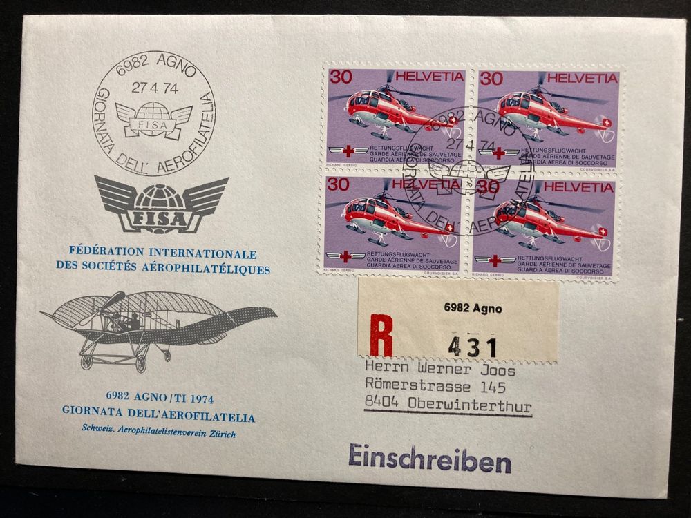 Schweiz 1974 Giornata Aerophilatelia Agno R-Brief Sonderst. (Gebraucht) in Liestal für CHF 2 ...