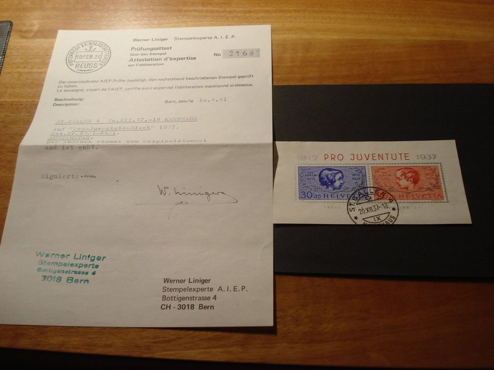 Block Pro Juventute 1937, ET-o, St Gallen 4, Stempelattest (Gebraucht ...