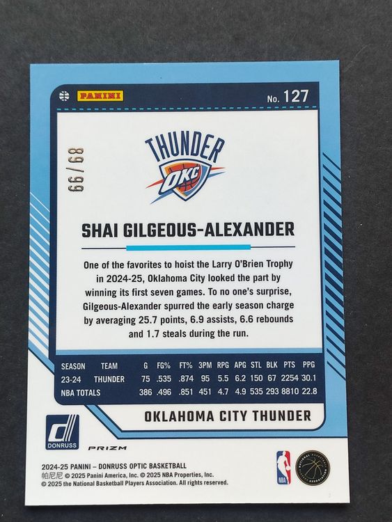 Shai Gilgeous Alexander SGA Gold Red /99 Optic 2024-25 (Gebraucht) in ...