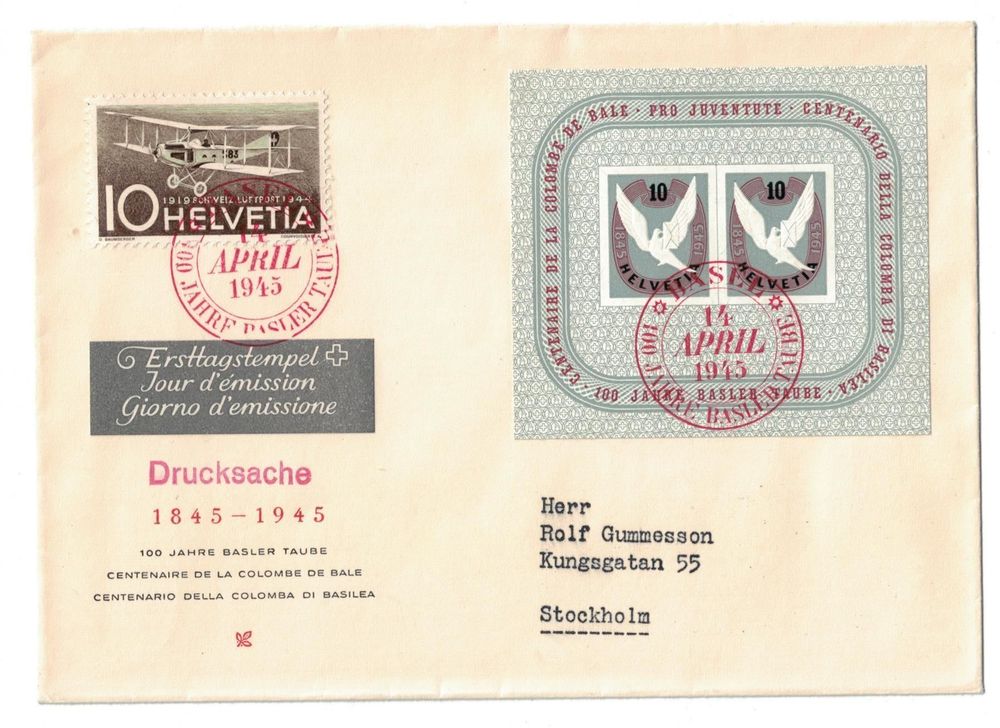 BS Taubenblock 1945 FDC mit Zusatzfrank. | Kaufen auf Ricardo
