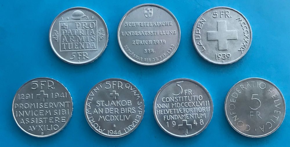 alle 7 Schweizer Silber 5 Franken-Gedenkmünzen 1936 - 1963 (Gebraucht) in Zuerich für CHF 210 ...