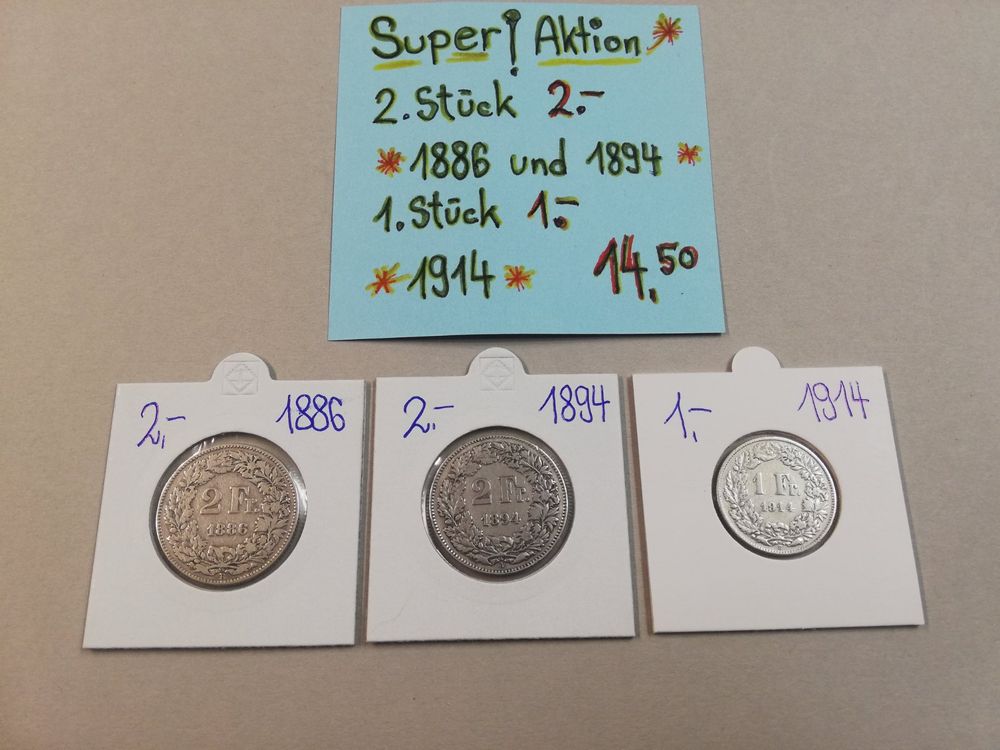 Schweizer Silbermünzen 2x 2Fr. 1886/1894/ 1x 1Fr.1914 | Kaufen auf Ricardo