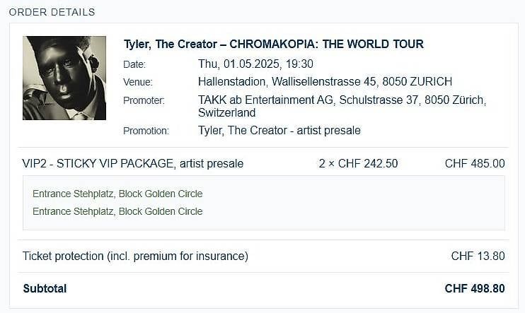 Tyler The Creator - VIP Tickets - Golden Circle - Stehplatz (Neu ...