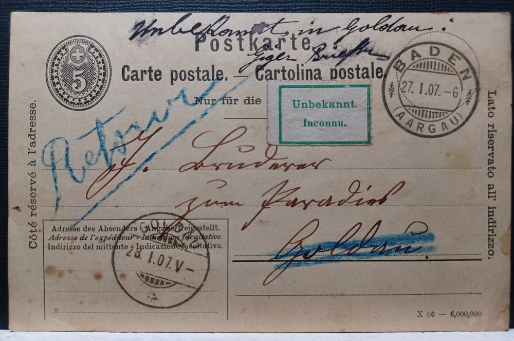 Postkarte 5 Rp, 1907 Empfänger unbekannt | Kaufen auf Ricardo
