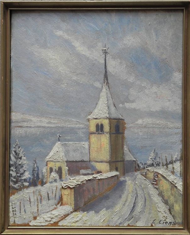 Ligerz Kirche Rebberge Bielersee im Winter sign. um 1935 (Gebraucht) in ...