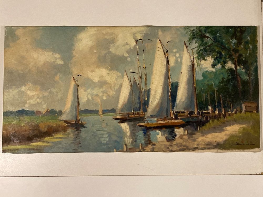 Landschaftsgemälde signiert mit Segelschiffen am Ufer, Steg (Gebraucht) in Hirzel für CHF 50 ...