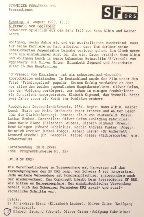 Fotos / 1x ELSBETH SIGMUND als Vreneli im Film von 1954 (Gebraucht) in ...