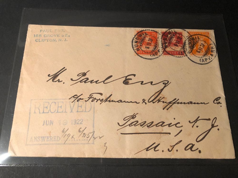 Brief 1922 von Hundwil (App. ARH) nach Passaic N.Y. USA (Gebraucht) in Basel für CHF 6 – mit ...