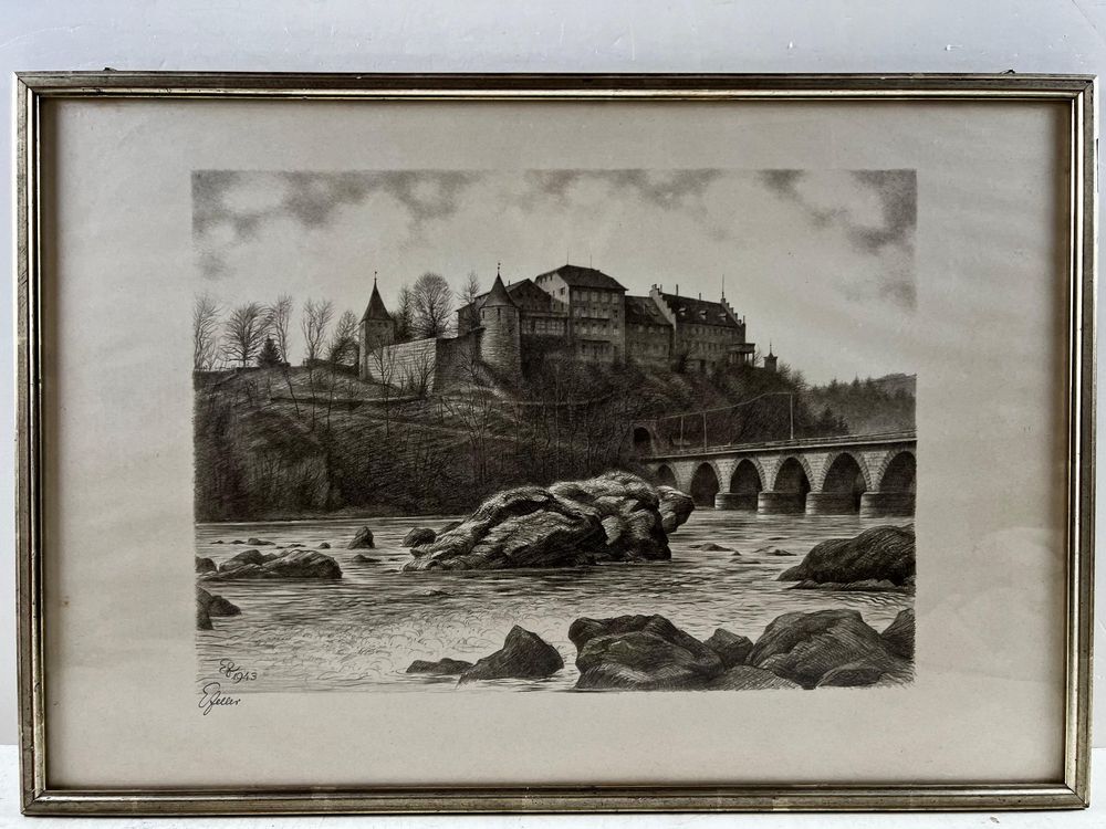 Schloss Laufen am Rheinfall Lithographie Handsigniert. (Gebraucht) in Neuhausen am Rheinfall für ...