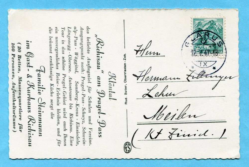 Am Weg zum Pragel-Pass 1947 - Werbung Gasthaus Richisau (Gebraucht) in ...