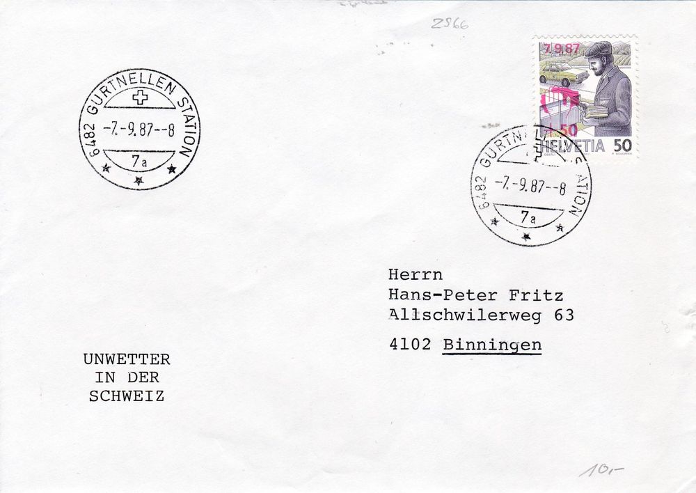 Ausgabetag der Briefmarke Unwetter Schweiz - Gurtnellen 1987 (Gebraucht) in Binningen für CHF 1 ...