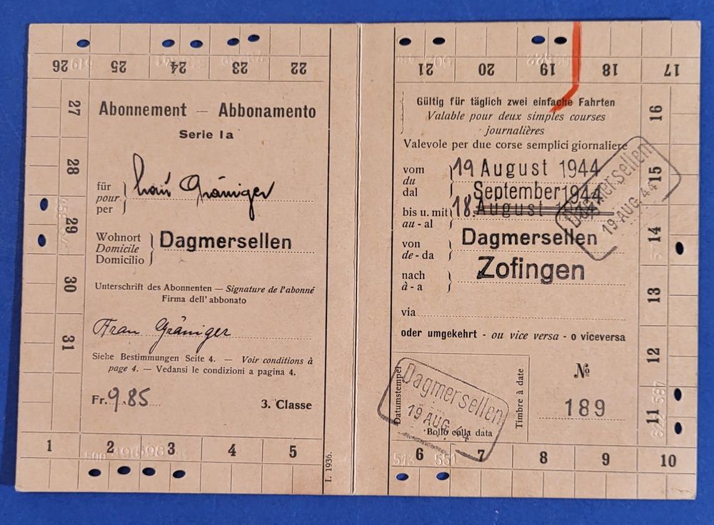 SBB - 19.Aug.1944 - Billett - 3.Classe - DAGMERSELLEN | Kaufen auf Ricardo