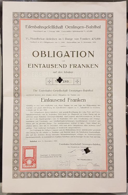 Oensingen-Balsthal-Bahn OeBB - Obligation 1919 (Gebraucht) in Balsthal für CHF 35 – mit ...
