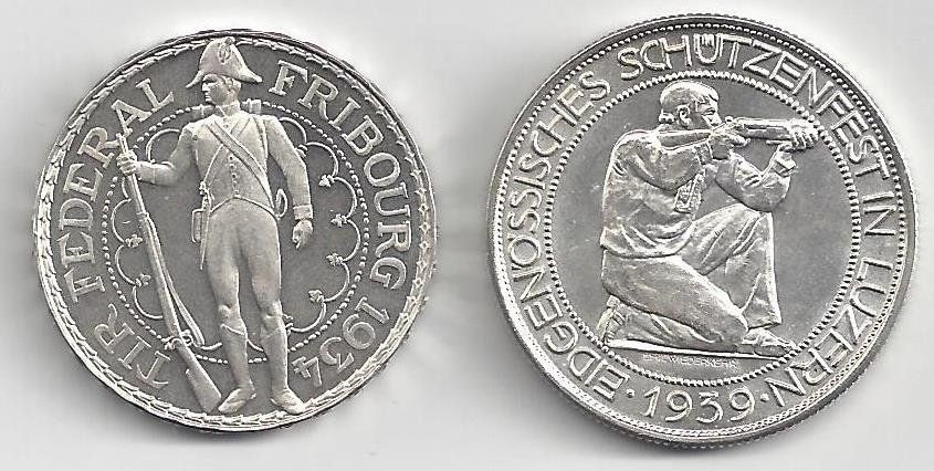 2 schöne Schweizer Silber 5 Franken-Schützentaler 1934/1939 | Kaufen auf Ricardo