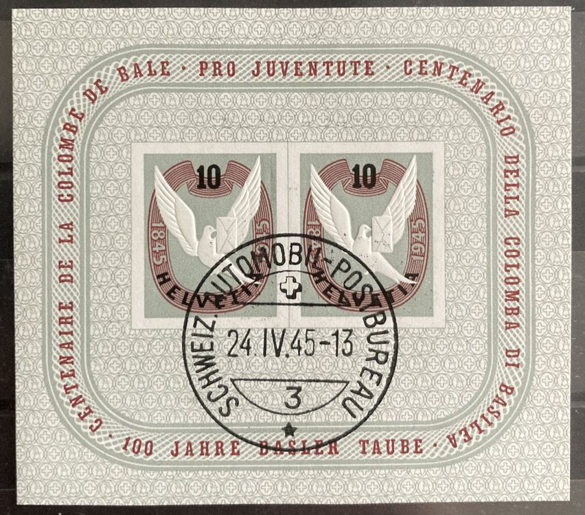 Baslertaube Block W23, 1945 gestempelt, SBK 100 Fr. (Gebraucht) in Flawil für CHF 15 – mit ...