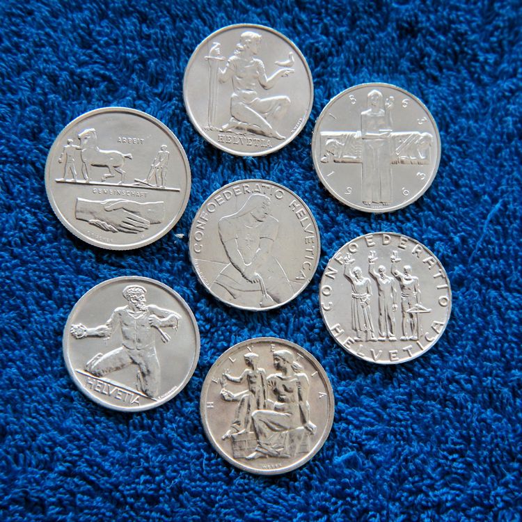 Alle 7 Schweizer Silber 5 Franken-Gedenkmünzen. Von1936-1963 (Gebraucht) in Gossau SG für CHF ...