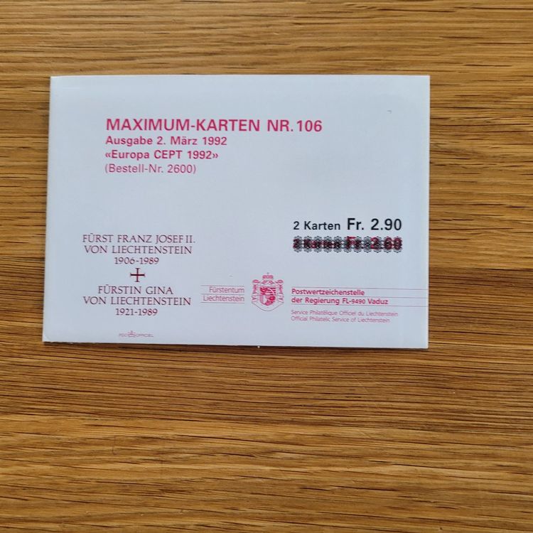 Maximum Karte 1992 MK/ Nr. 106 Vaduz Lichtenstein (Gebraucht) in Biel/Bienne für CHF 2 – mit ...