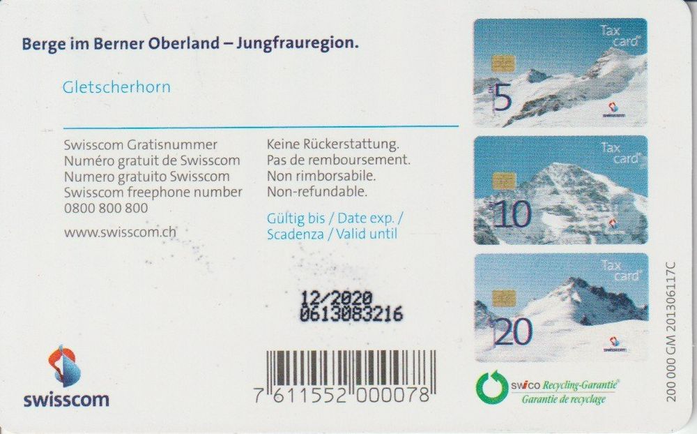 Carte Taxcard Swisscom 20 CHF Glacierhorn - Collector! (D'occasion) à ...