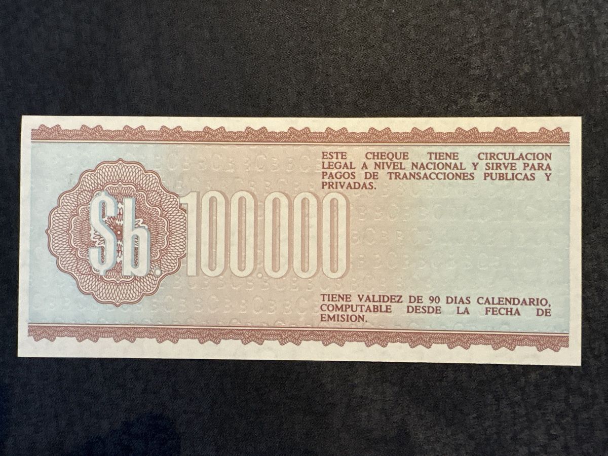 Chèque de Bolivie 100'000 Bolivianos - Rare et authentique! (Neuf (Voir ...