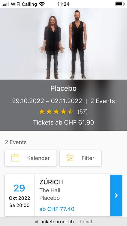 2 Tickets Placebo 29.10. Zürich | Kaufen auf Ricardo
