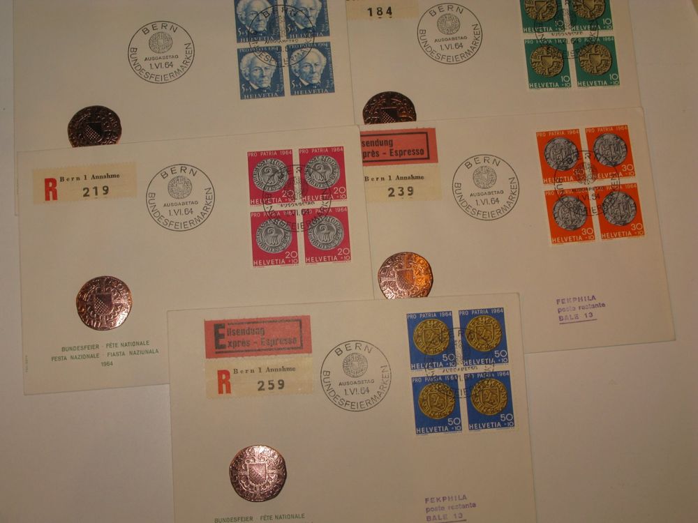 Pro Patria FDC 1964 Nr. 118 - 122 4-Block "Schweizer Münzen" (Gebraucht ...