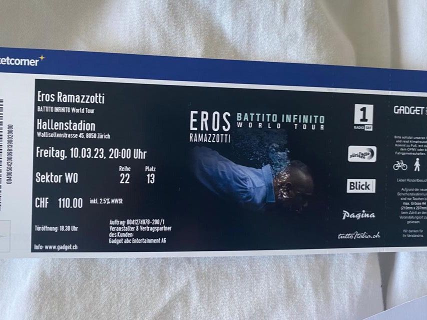 Eros Konzert Ticket zu verkaufen 10. März 23 | Kaufen auf Ricardo