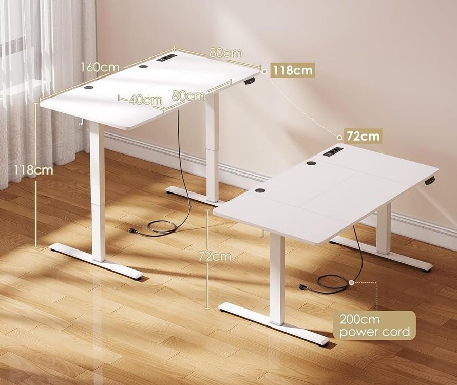 Schreibtisch elektrisch höhenverstellbar 160x80 cm USB weiss (Neu und ...