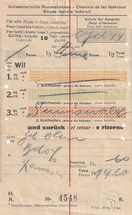 Bahnbillett Wil - Sumiswald 1944 (Gebraucht) in Rorschacherberg für CHF 12 – mit Lieferung auf ...