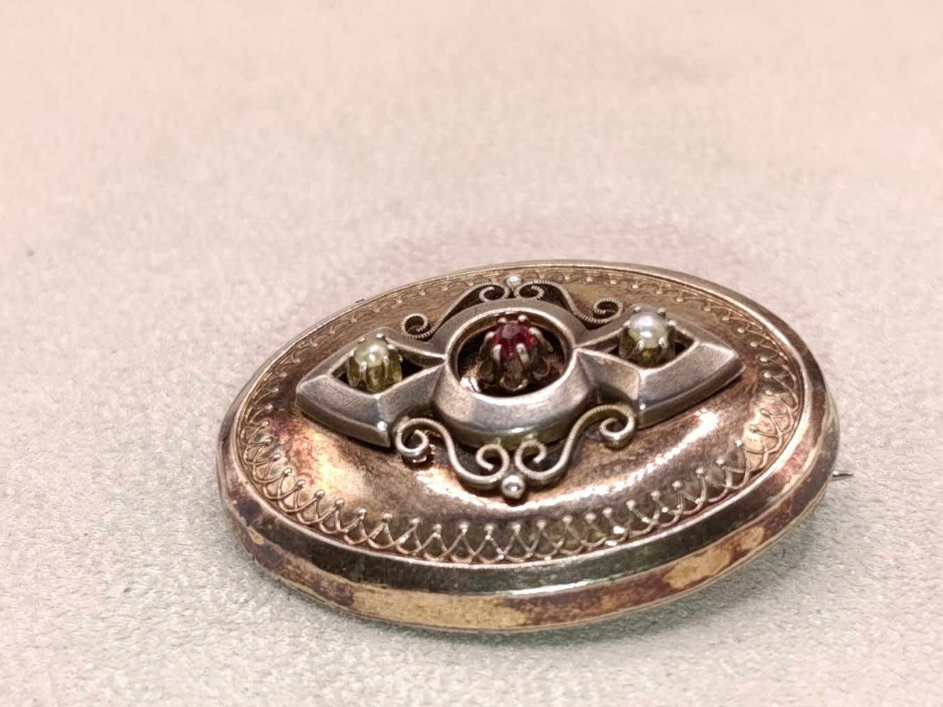 Jugendstil 925er Silber Brosche Rubin, Perle um 1900j. Top (Gebraucht ...