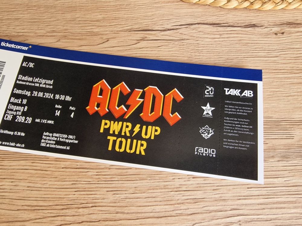 AC/DC PWR Tour Ticket Sitzplatz Kat. 2 (Gebraucht) in Liesberg Dorf für ...