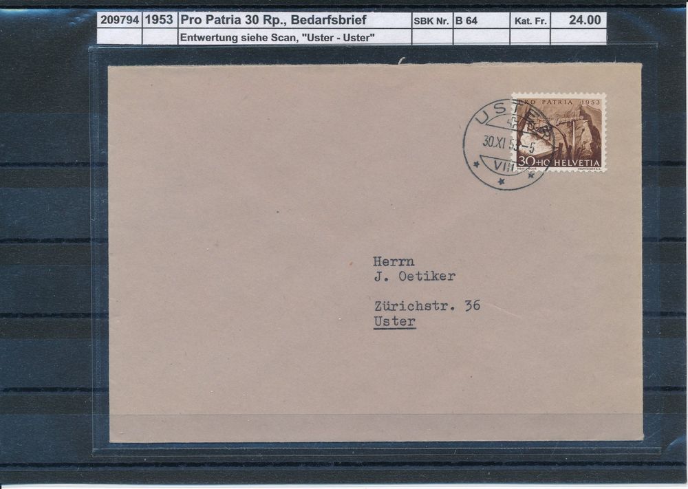 1953 Pro Patria - 30 Rp., Bedarfsbrief "Uster - Uster" (Gebraucht) in Winterthur für CHF 4.5 ...