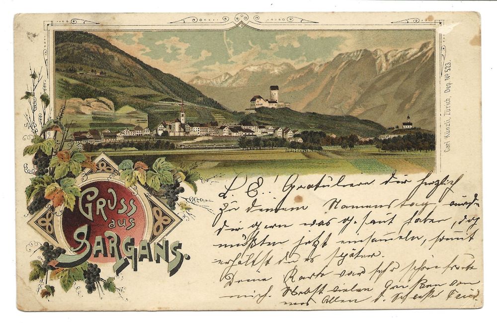 Gruss aus Sargans (SG) Stadtpartie Schloss Litho Mels 1899 | Kaufen auf Ricardo