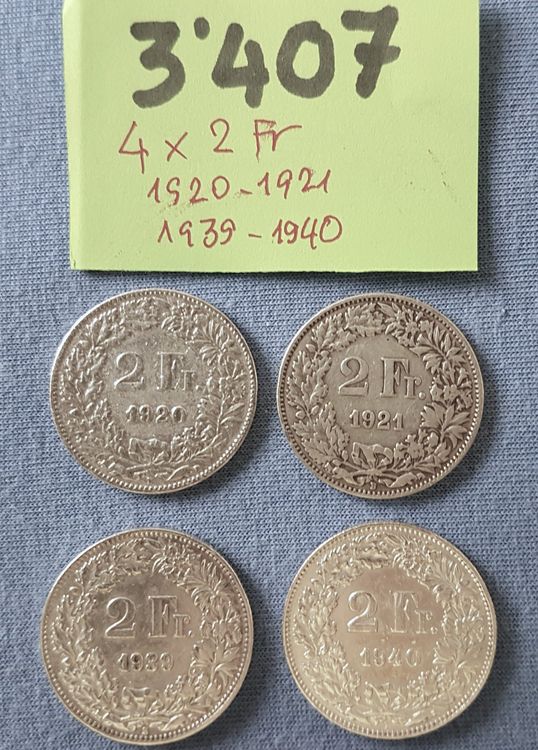 4 x 2 Fr Silbermünzen 1920-1921-1939-1940 ab nur 1 Franken ! (Gebraucht) in Camignolo für CHF 20 ...