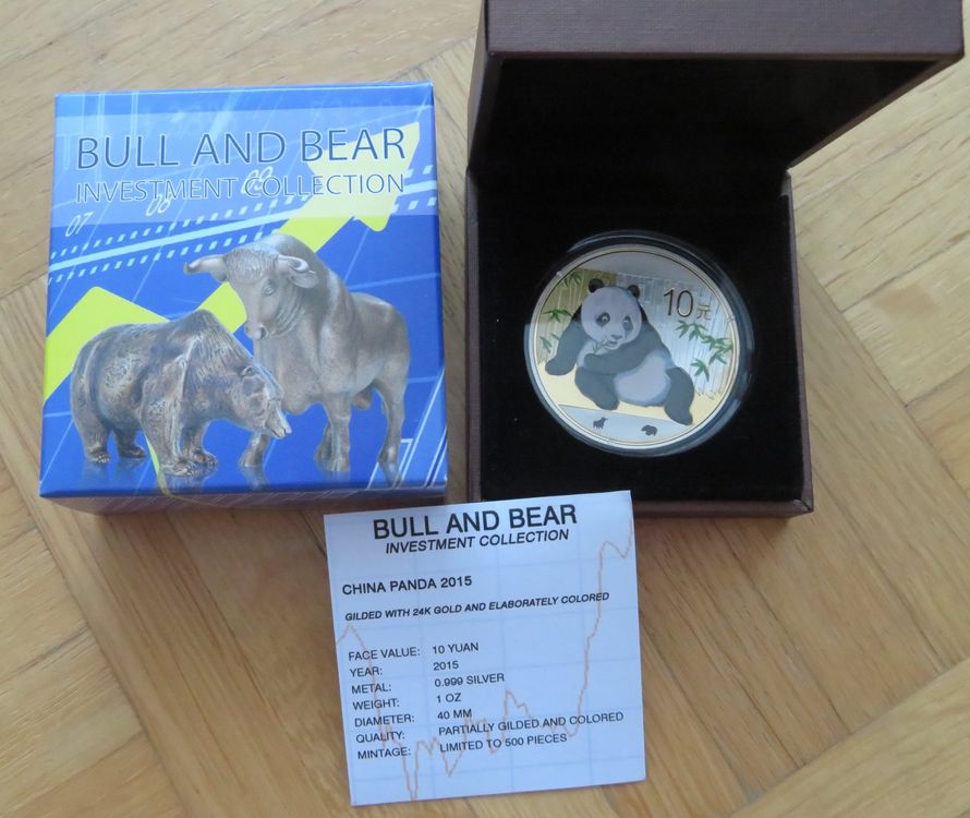 Bull and Bear Blue Line Münze Panda 2015, gilded, Color 1 oz (Neu ...