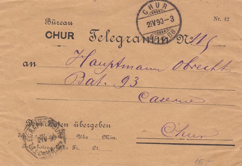 1899 Ortstelegramm von Chur mit Telegraphenstempel (Gebraucht) in Rheinfelden für CHF 10 – mit ...