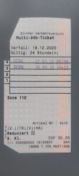4 Tickets ZVV Zone 110, 24 Std., reduziert (1/2), 2. Kl. (Gebraucht) in ...
