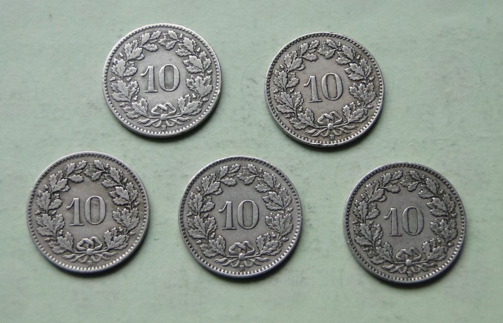 5x 10 Rappen 1920 - 1922 - 1925 - 1926 - 1928 (Gebraucht) in Killwangen für CHF 2.5 – mit ...