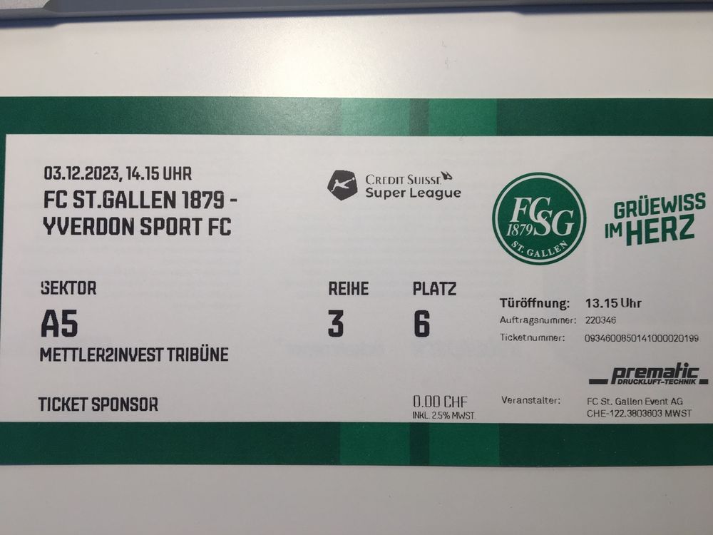 Fussballticket CS Super League FC St.Gallen - Yverdon FC | Kaufen auf Ricardo