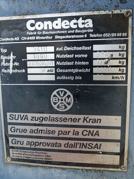 Condecta EURO-Kran E 3410, Baujahr 1990, (Gebraucht) in Ersigen für CHF ...