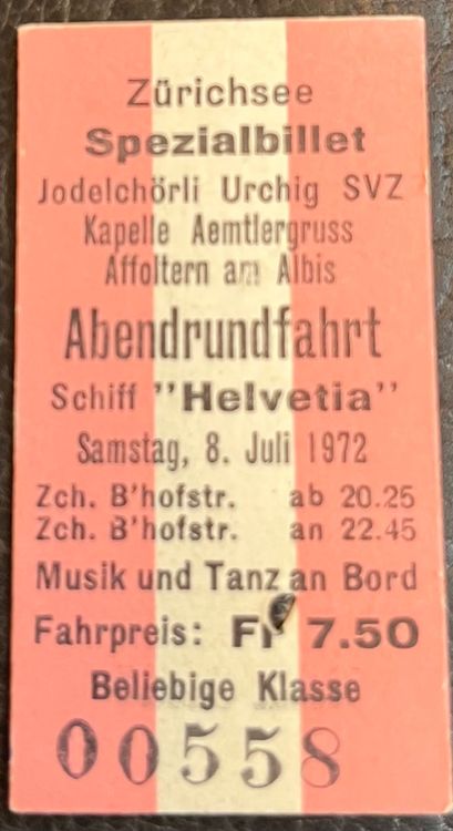 Zürichsee Spezialbillett Abendrundfahrt Schiff "'Helvetia" (Gebraucht) in Wabern für CHF 4.1 ...