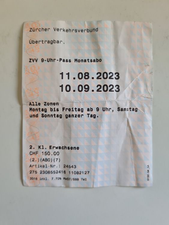 ZVV 9-Uhr-Pass - alle Zonen gültig bis 10. September | Kaufen auf Ricardo