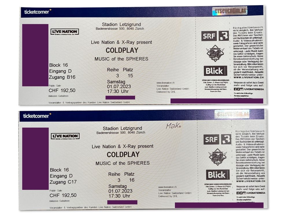 2 Sitzplatztickets Coldplay | Samstag, 1. Juli 2023 (Neu (gemäss Beschreibung)) in Horgen für ...
