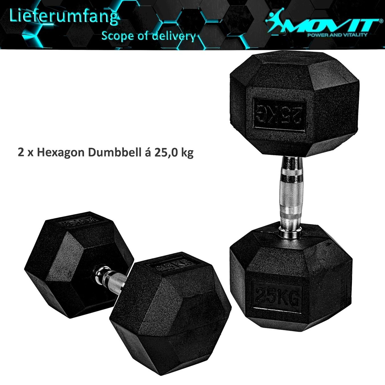 MOVIT Hexagon Rubber Hanteln 2 x 25 Kg (Neu und originalverpackt) in ...