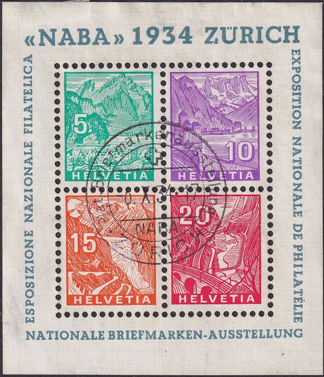 1934, NABA-Block W1 mit Ausstellungs-Stempel, Kat: 750.- (Gebraucht) in Sursee für CHF 80 – mit ...