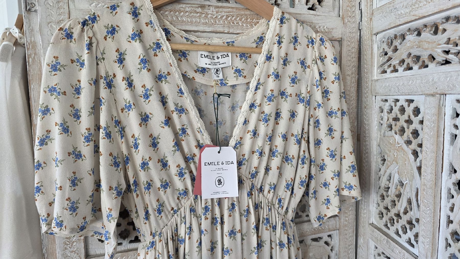 Robe longue Emile & Ida été vintage 34 beige fleurs bleues (Neuf avec ...