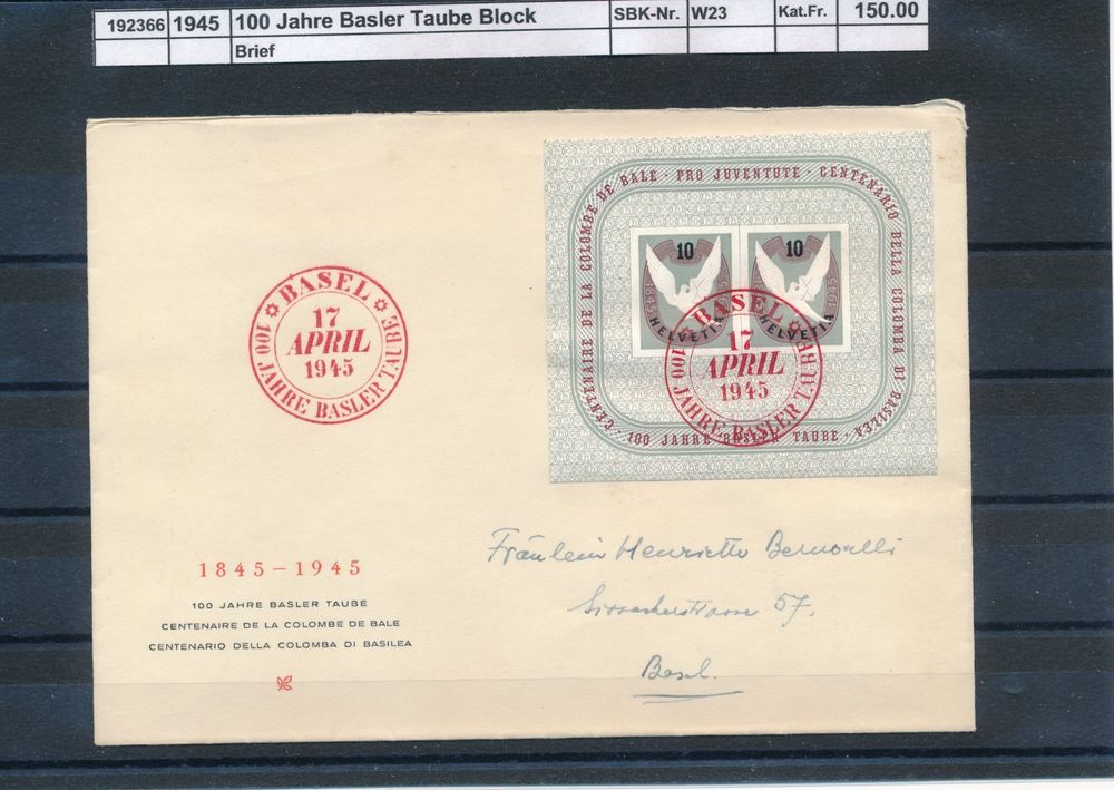 1945 "100 Jahre Basler Taube Block" - Sonderstempel | Kaufen auf Ricardo