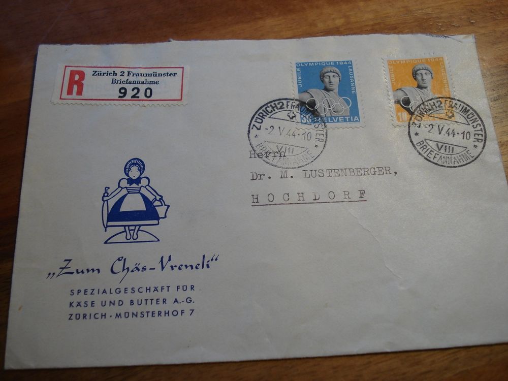 R-Brief 1944, "Zum Chäs-Vreneli" Zürich, Olympiafrankatur | Kaufen auf ...